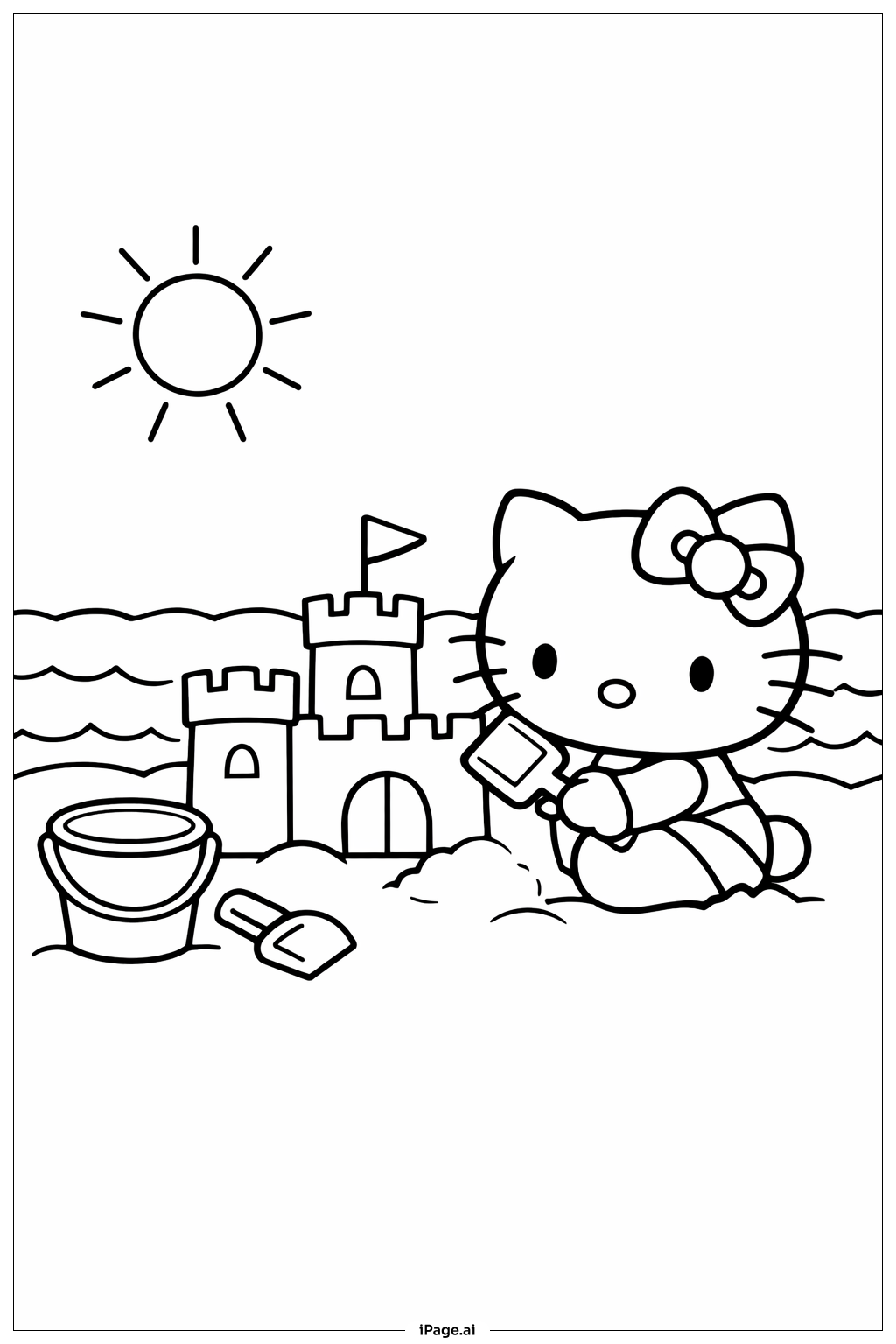 Hello Kitty am Strand Ausmalbild (Kostenloses PDF & PNG zum Ausdrucken)
