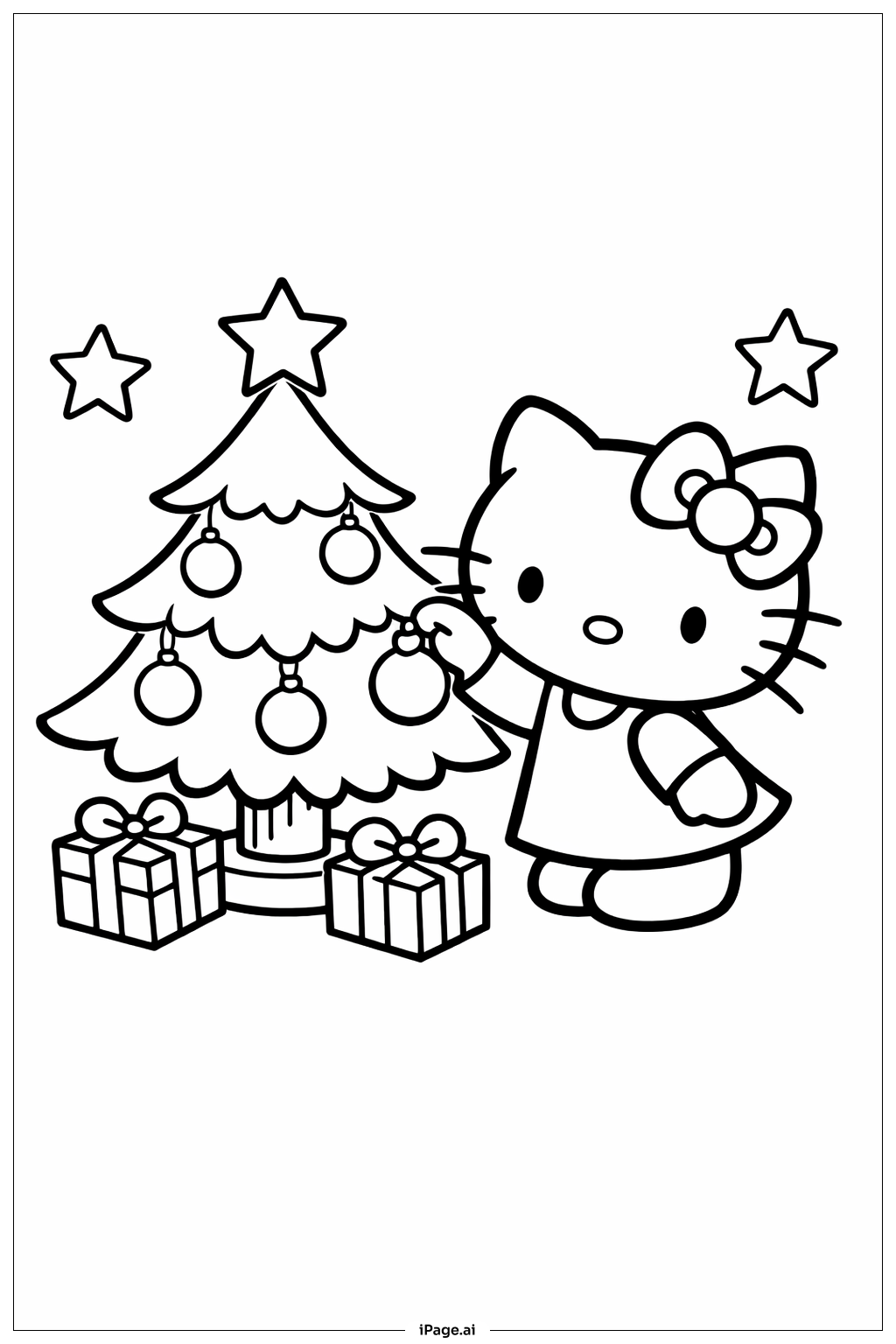Hello Kitty schmückt Baum Ausmalbild (Kostenloses PDF & PNG zum Ausdrucken)