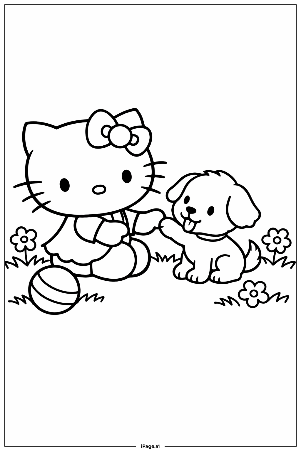 Hello Kitty spielt mit dem Welpen Ausmalbild (Kostenloses PDF & PNG zum ...