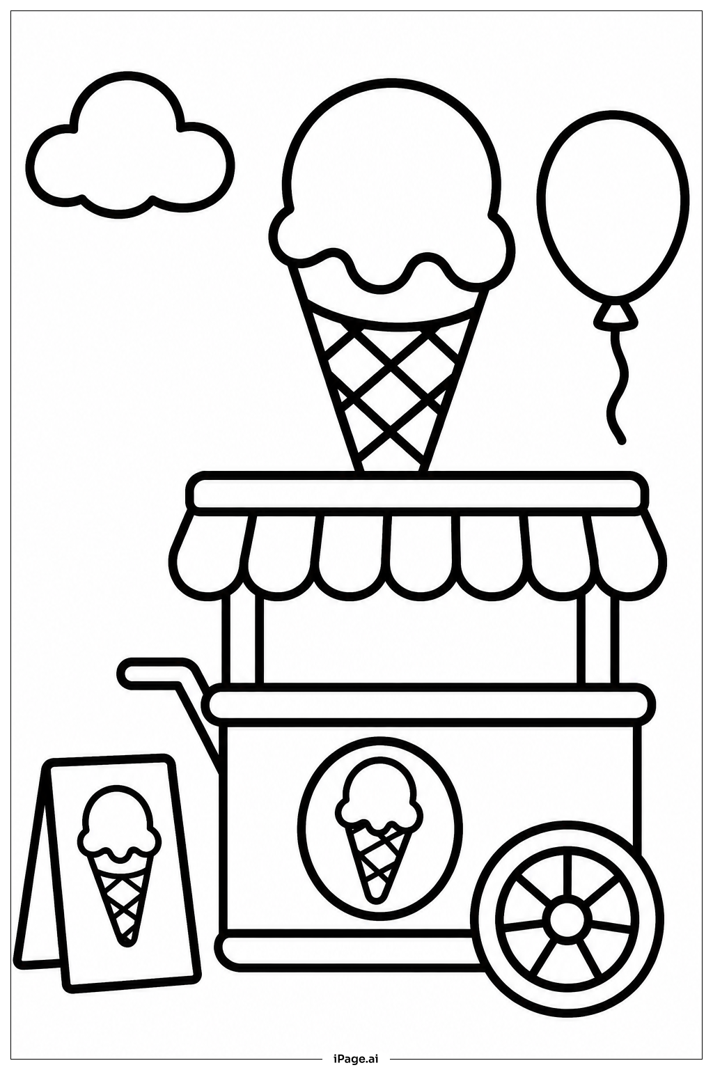 카트 속 아이스크림콘 색칠하기 페이지 (무료 PDF&PNG 인쇄 가능)