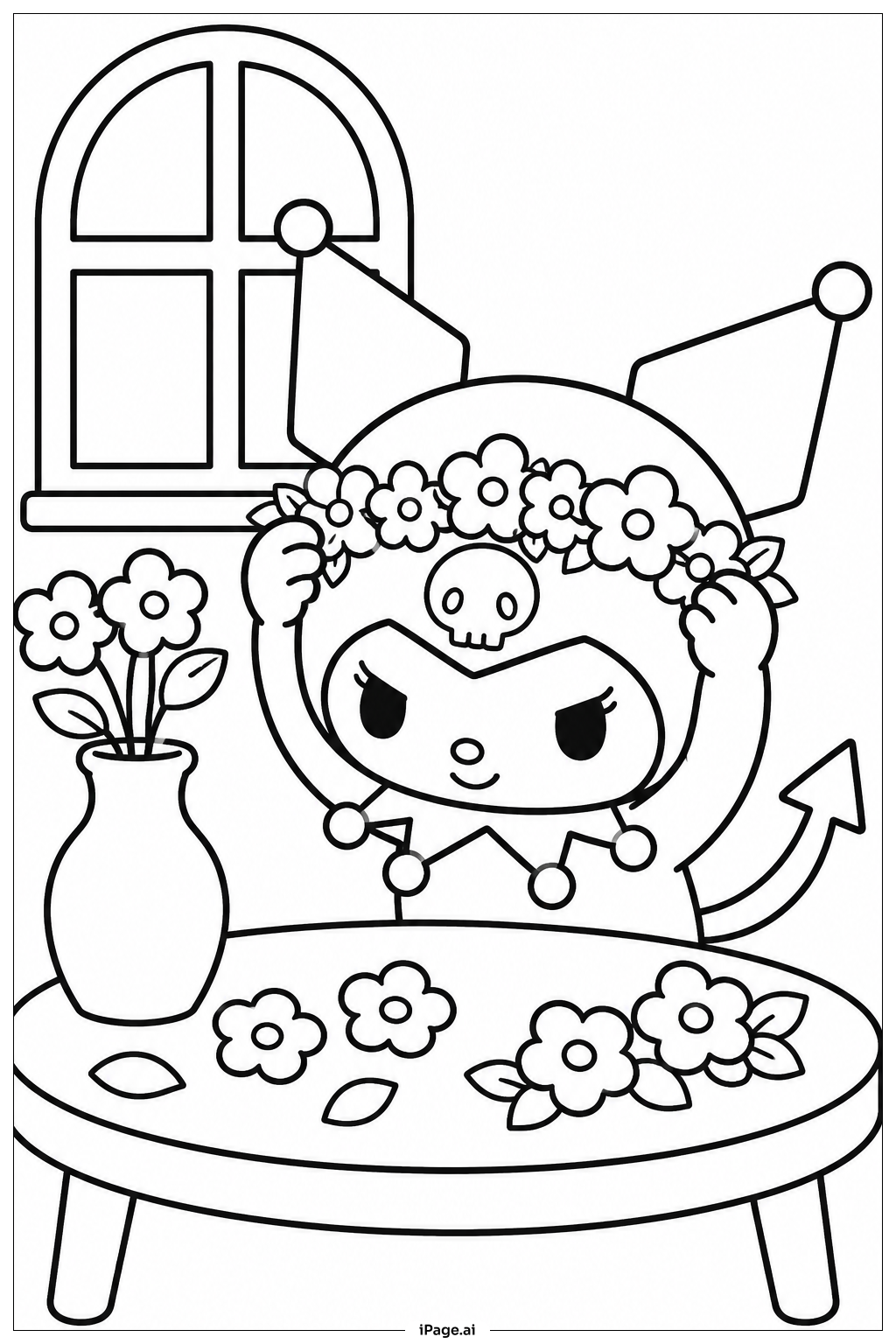 Kuromi Making Flower Crown 塗り絵ページ（無料のPDF＆PNGプリント）